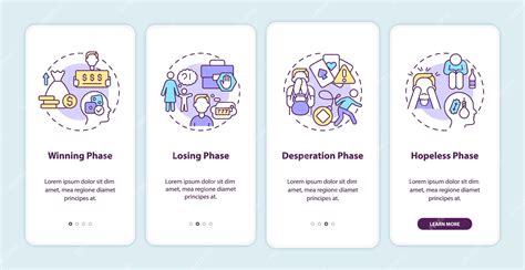 도박 중독 온보딩 모바일 앱 화면의 단계 선형 개념이 있는 장애 연습 4단계 그래픽 지침 페이지 Ui Ux Gui 템플릿입니다 무수히 많은 Pro Bold 일반