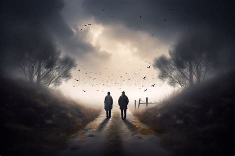 Duas Pessoas Silhouettes Caminhando No Caminho Da Paisagem Surreal Ilustração Stock Ilustração