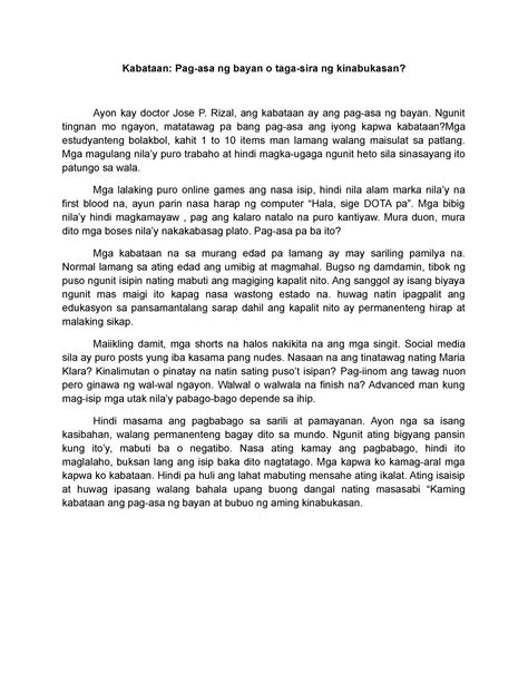 Kabataan Pag Asa Ng Bayan O Taga Sira Ng Kinabukasan Rizal Ang Kabataan Ay Ang Pag Asa Ng