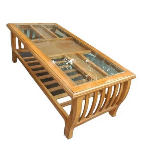 Rectangular Glass Top Teak Wood Light Brown Rectangle Center Table