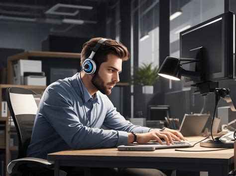 Premium Ai Image Office Portrait Of Smiling It Programmer Wearing Headphones Working On