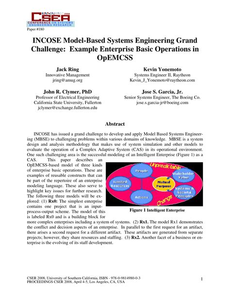 Pdf Incose Model Based Systems Engineering Grand Challenge Example Enterprise Basic