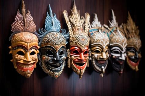 Máscaras Tradicionais Balinesas Em Fila Criadas Com Ai Generativa