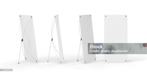 빈 X스탠드 모형 다양한 각도 보기의 흰색 수직 배너 3d 렌더링 교육 또는 판촉 프레젠테이션을 위한 현실적인 세트 플립차트