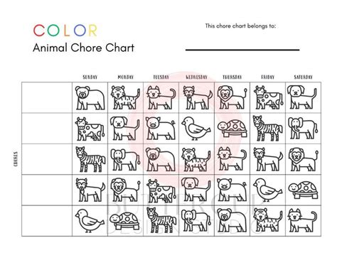 Coloring Chore Chart Animals Etsy Canada Chore Chart Printable