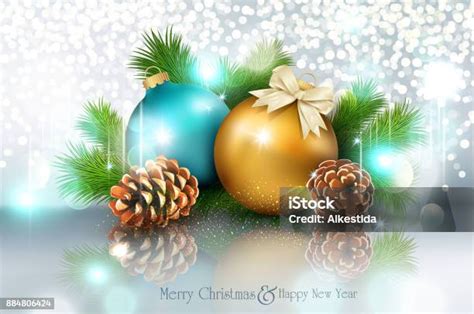 메리 크리스마스와 새 해 복 많이 받으세요에 대 한 벡터 일러스트 새 해의 공 가문비나무와 밝은 흐릿한 반짝 배경에 콘의 인사말 카드 엽서 전단 축 하 안내 책자의 우아한