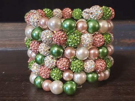 Pink And Green Bracelet Stack Pink And Green Pearl Wrap Etsy