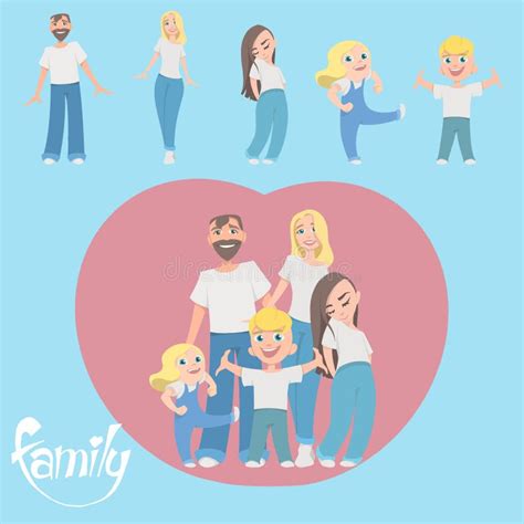 Uma Família Feliz Pai Mãe Filho E 2 Filhas Junto Projeto Liso Da