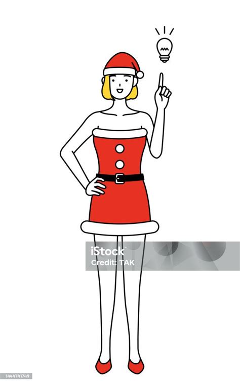산타클로스 옷을 입은 여성이 아이디어를 떠올리는 간단한 선 그리기 그림 12월에 대한 스톡 벡터 아트 및 기타 이미지 12월 가리키기 결정 Istock