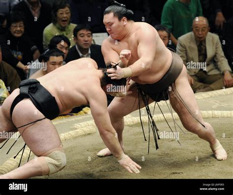 Tokyo Japan Yokozuna Hakuho R Hauls Down Ozeki Kotooshu On The