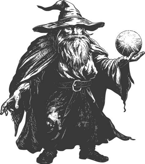 Dwarf Mage With Magical Orb Full Body Images Using Old Engraving Style
