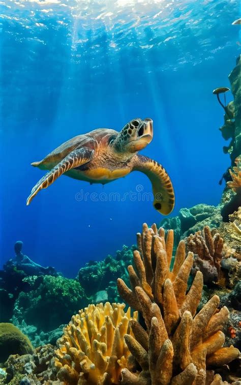Green Sea Turtle On A Coral Reef Stock Illustration Illustration Of