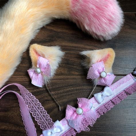 Neko Cat Ears And Tail Set With Collar Pink Kitten Play Set Etsy