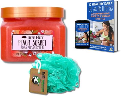 Tree Hut Peach Sorbet Shea Sugar Scrub 18 Oz Bundle With Samba Life Mesh Bath And