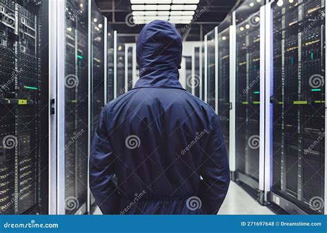 Hacker In Hoodie Breaking Into Data Server Dark Theme Generative Ai Stock Illustration