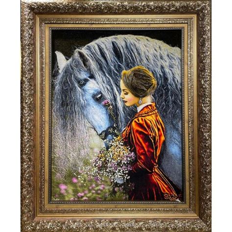 خرید و قیمت تابلو فرش دستباف ابریشم مدل دختر و اسب 60 رج تبریز کد 80130