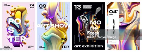 추상 미술 포스터 액체 모양으로 설정된 표지 또는 인쇄물 빛나는 색상의 그라데이션 및 타이포그래피 디자인 아트 쇼 또는 전시회 야간 파티 뮤지컬 이벤트 프로모션을위한