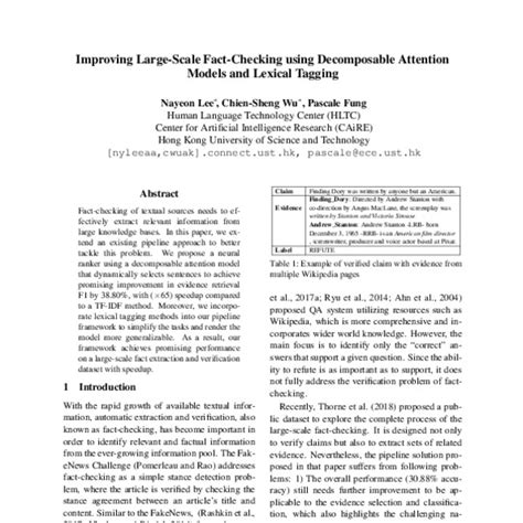 Improving Large Scale Fact Checking Using Decomposable Attention Models And Lexical Tagging