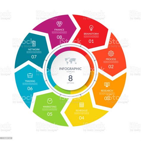인포그래픽 프로세스 차트 8 단계 옵션 부품 사이클 다이어그램 보고서 비즈니스 분석 데이터 시각화 및 프레젠테이션에 사용할 수 있습니다 8에 대한 스톡 벡터 아트 및 기타