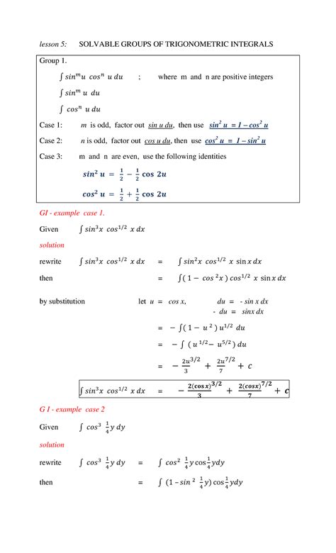 Lesson 5 Solvable Group Trigo Integrals 1 Lesson 5 Solvable Groups Of Trigonometric Integrals