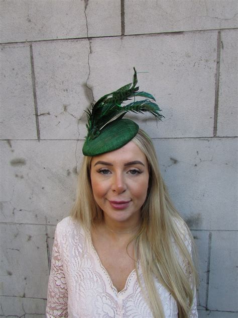 Emerald Green Peacock Feather Fascinator Sinamay Pillbox Hat Fascinator