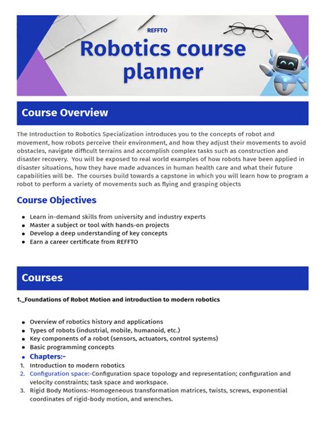 Course Planner For Robotics Pdf Robotics Robot