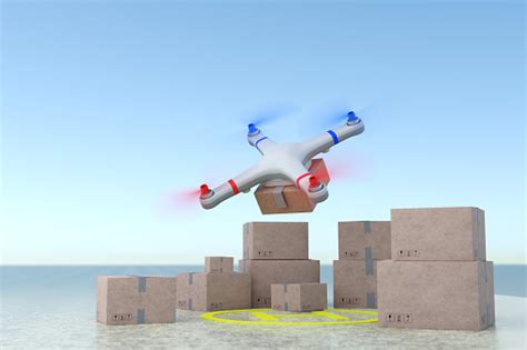 현대 배달 서비스 기술 쿼드 콥터 무인 항공기를 사용하여 배달 물류 드론 캐리 패키지 쿼드 콥터에 의한 소포 배달 3d 렌더링 3차원 형태에 대한 스톡 사진 및 기타 이미지