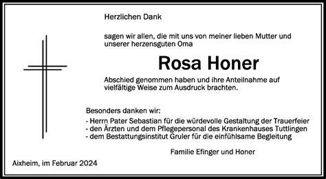 Traueranzeigen Von Rosa Honer Schwaebischede Trauerportal