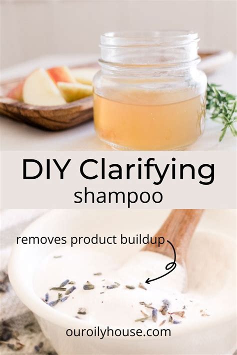 Diy Clarify Shampoo Recipe With Ingredients Labeled On The Bottom And Above It In A Bowl