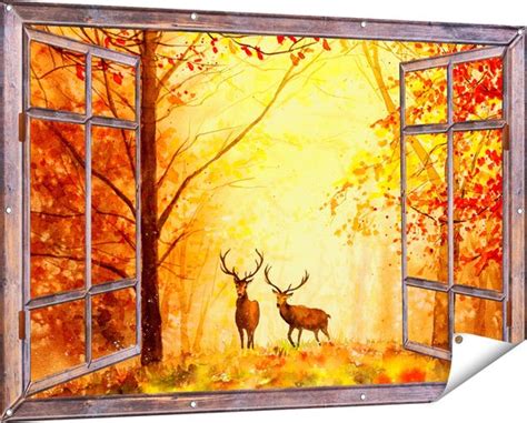 Gards Tuinposter Doorkijk Getekende Herten In Het Bos Herfst