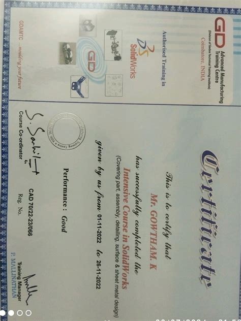 Gowtham K On Linkedin This Is To Certificate Of Intensive Course In Solidworks Covering Parts