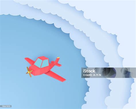 빨간 에어 플레인은 종이 컷 스타일로 구름을 통해 날아갑니다 3d 하늘과 평야와 풍경입니다 벡터 종이 접기 다각형 그림입니다