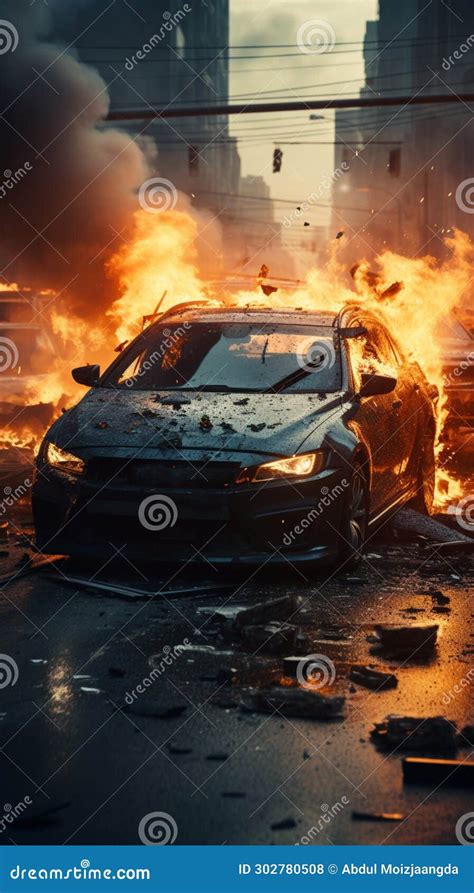 Dangerous Car Crash Scene With A Fiery Aftermath On The Road Stock
