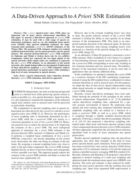 Pdf A Data Driven Approach To A Priori Snr Estimation