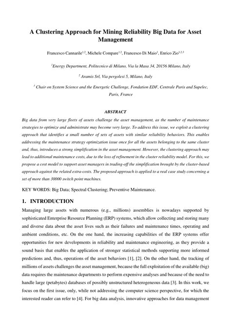 Pdf A Clustering Approach For Mining Reliability Big Data For Asset