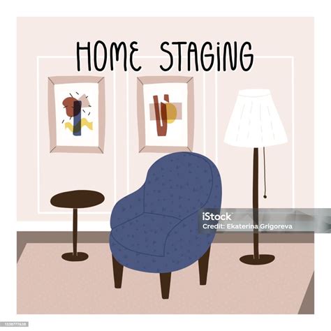홈 스테이징 배너 템플릿입니다 현대적인 거실 인테리어 의자 커피 테이블 플로어 램프 와 벽에 추상 미술 사진 손 글래팅 벡터 플랫 일러스트레이션 가정 생활에 대한 스톡 벡터