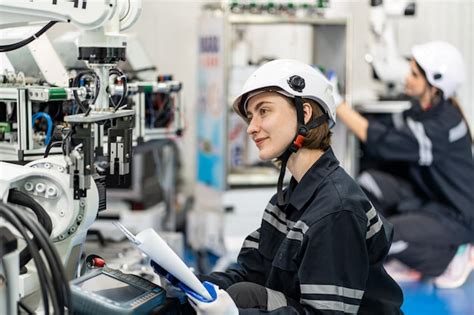 Premium Photo Female Engineer Check And Control Automation Robot Arms Machine In Intelligent