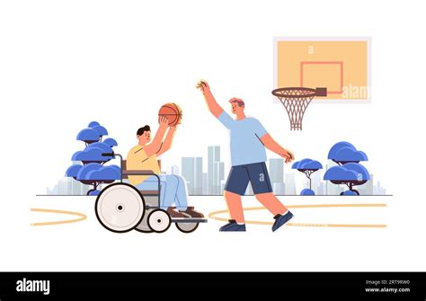 Disabled Man Sitting In Wheelchair And Playing Basketball With Male
