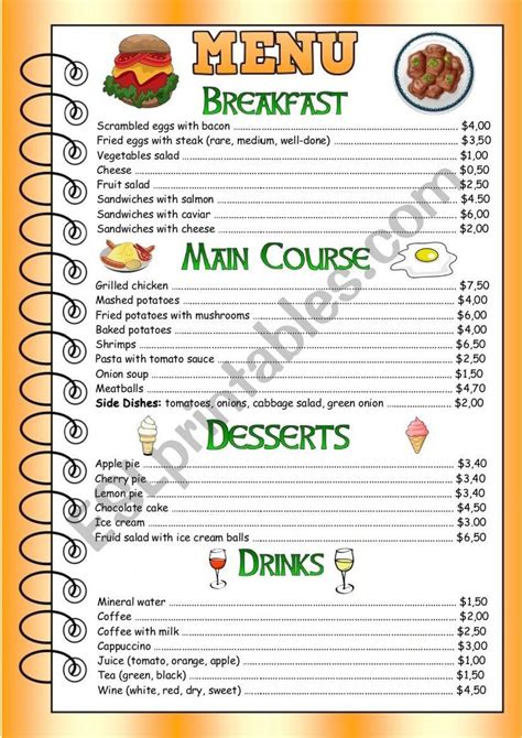 Restaurant Menu Esl Worksheet