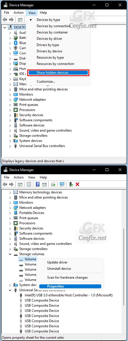 way to show hidden devices in device manager