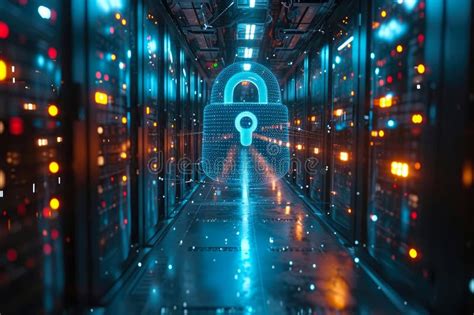 Data Protection In Progress Blue Padlock Hologram In Server Room