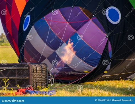 Preparing The Balloon For Flight Gas Burner With Fire Inflates A
