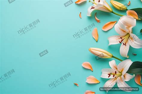 Ai创作图百合花 花瓣 静谧 蓝色背景 平铺 花卉摄影 自然之美 柔和色调 春季氛围 花卉布置 宁静场景 视舒缓 花卉艺术 百合花瓣 昵图网