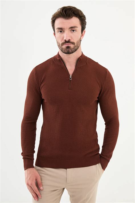 Zip Neck Wool Sweater Rust Brown Gent With