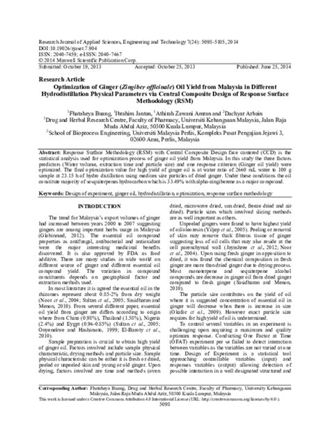 Pdf Optimization Of Ginger Zingiber Officinale Oil Yield From