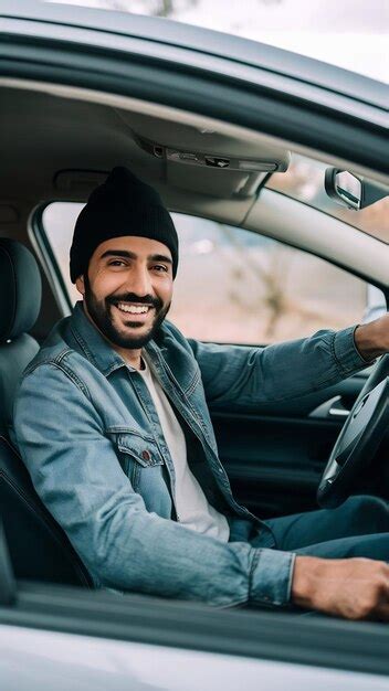 Happy Arabic Man Driving Car Showing Thumb Up Sitting Inside Premium