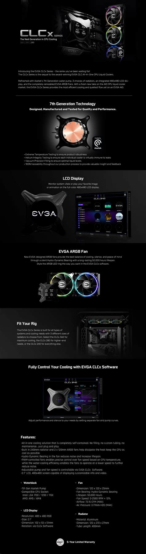 EVGA Products EVGA CLCx Mm All In One LCD CPU Liquid Cooler X Mm PWM ARGB Fans