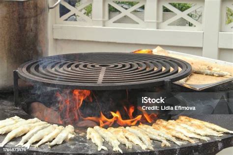 중앙에 화덕이 있는 그릇 모양의 납작한 그릴에 생선 구이 야외 해산물 바베큐 요리 야외에서 뒤뜰에서 피크닉 길거리 음식