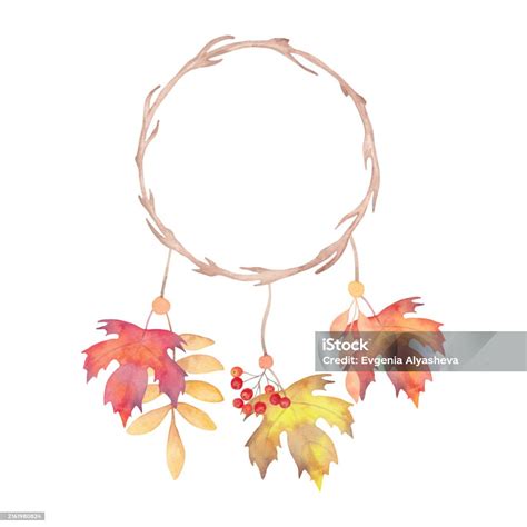 빨간 마가목 열매와 단풍 잎이 밧줄에 매달려 있는 나무 프레임 식물 구성 수채화 그림 손으로 그린 고립 된 예술 추수 감사절 할로윈 휴일을위한 가을 드림 캐쳐 Diy에 대한