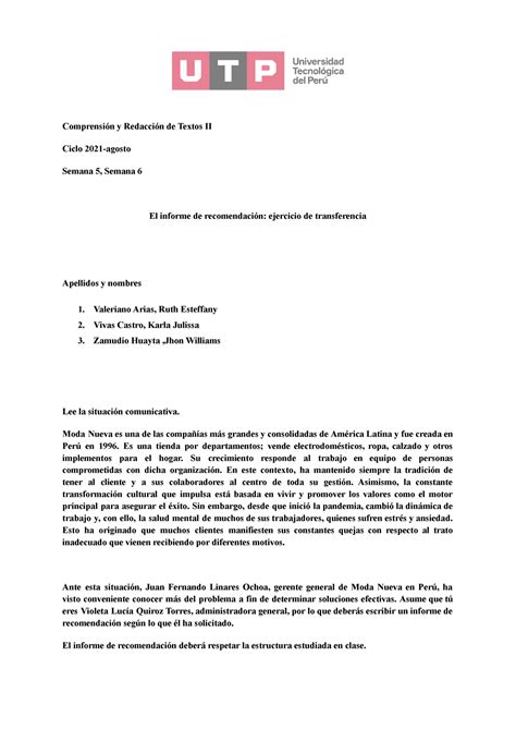S05 s2 y S06 s1 s2 El informe de recomendación ejercicio de transferencia Grupo 14